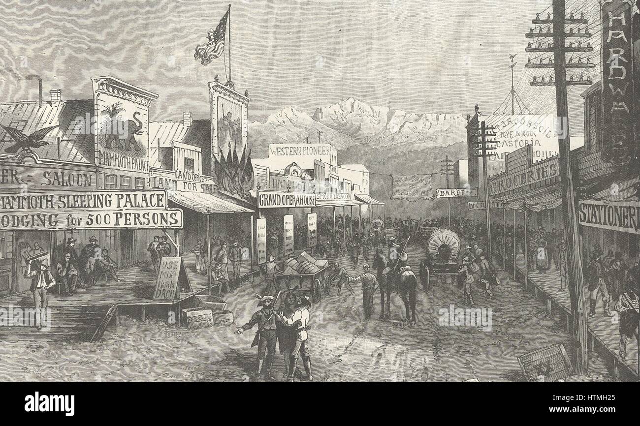 Street scene in an American frontier town c1875. Engraving Stock Photo ...