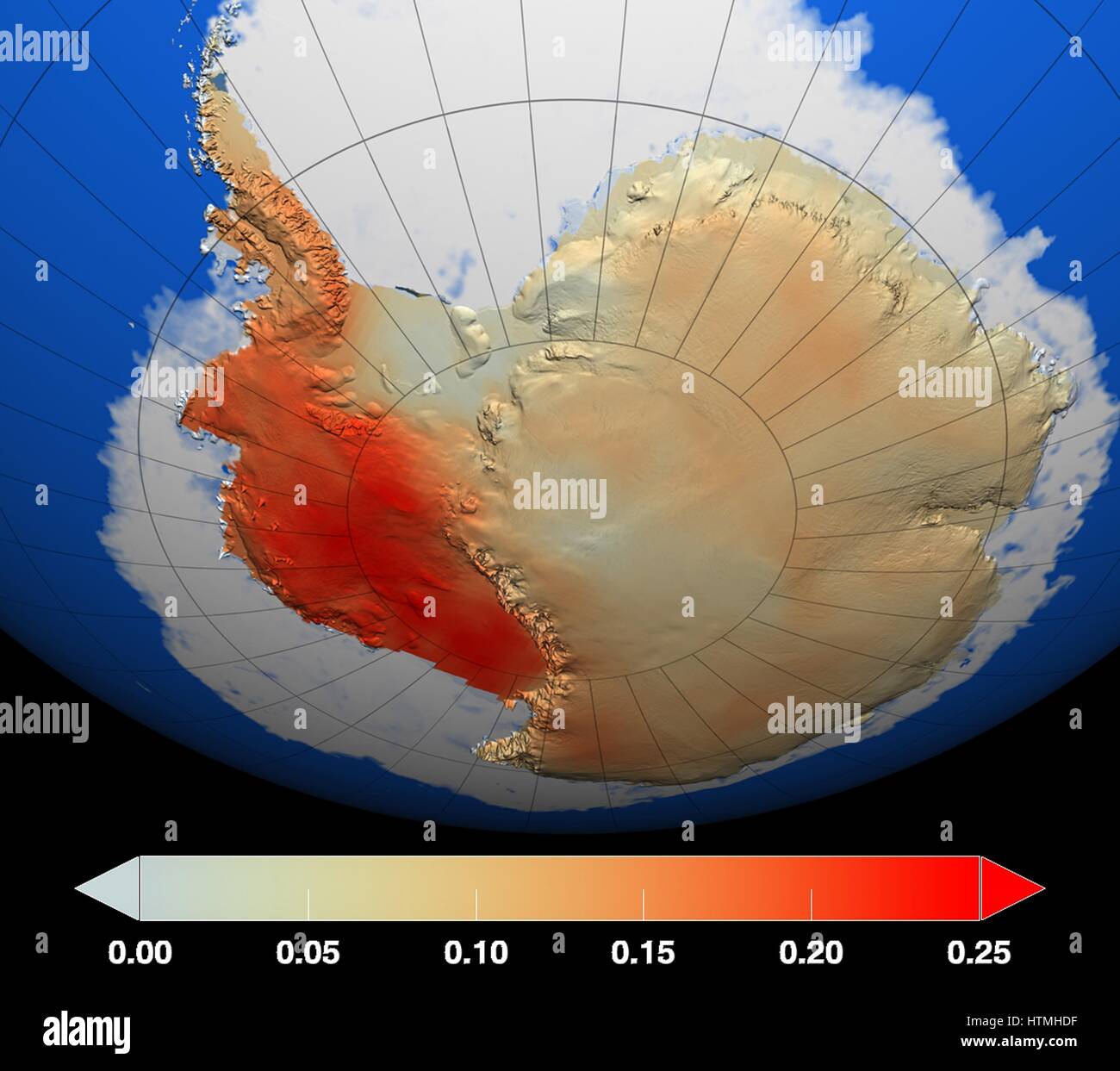 Red represents areas where temperatures have increased the most during ...