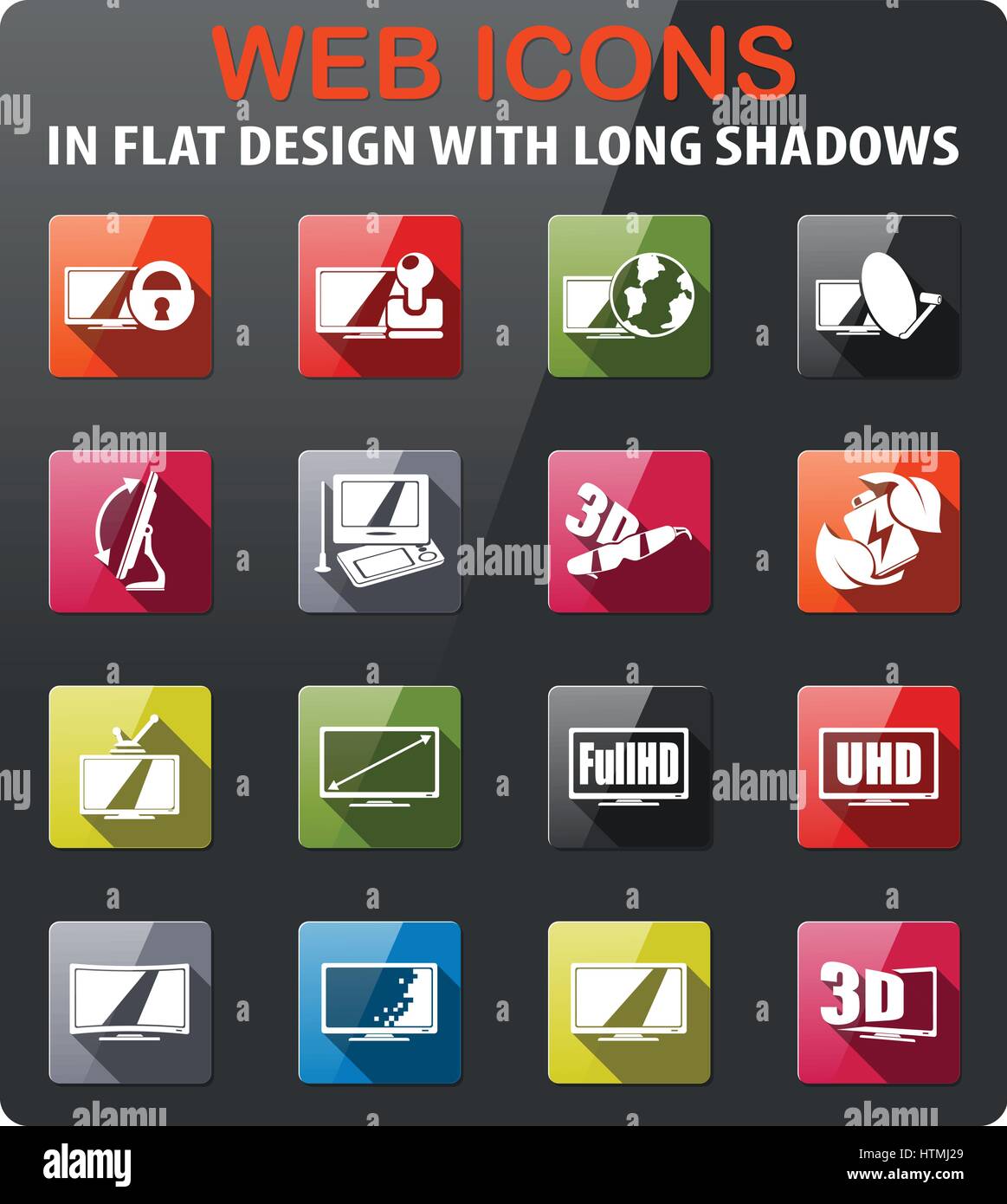 Vector TV features icons set in flat design with long shadow Stock ...