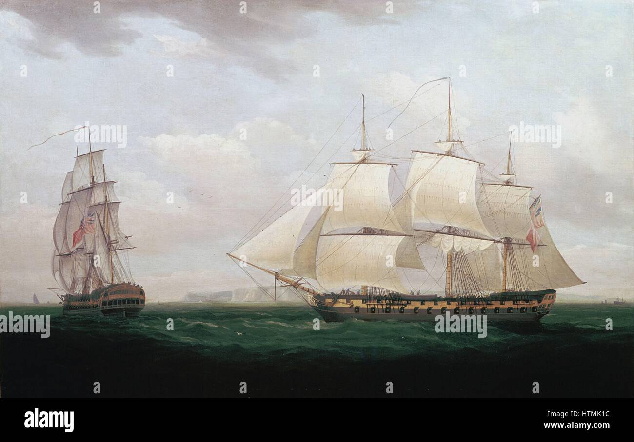 Thomas Whitcombe (c1850) British painter "Two East Indiamen off a Coast ...