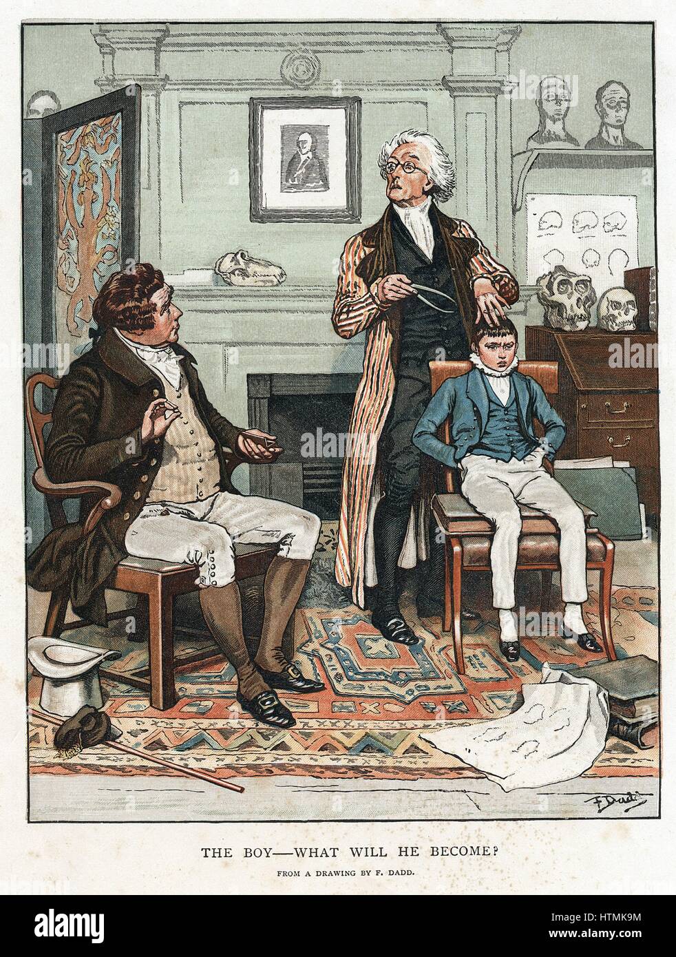 Phrenology: measuring bumps on boy's head to assess his future. On wall ...