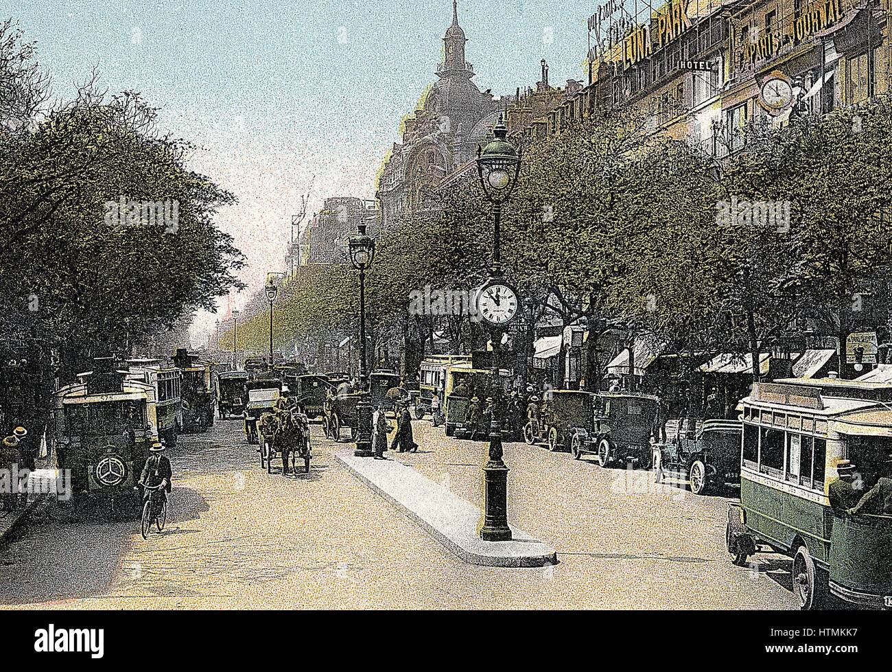 Paris c1900. Boulevard des Italiens with cars and motor buses. Tinted ...