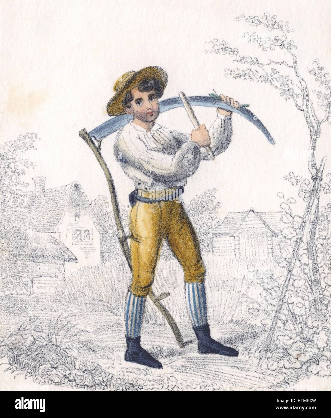 Reaper/Haymaker sharpening his scythe with a whetstone (also called a ...