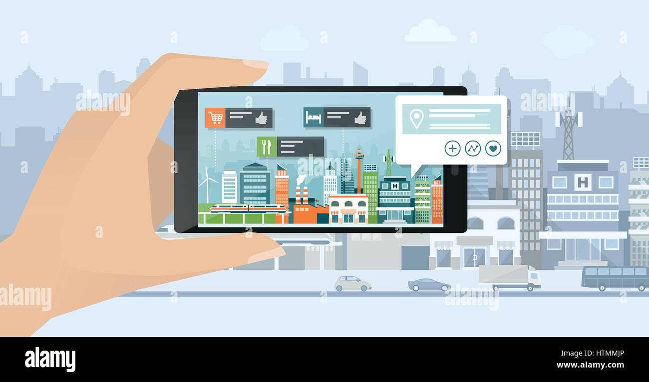 Augmented reality, navigation and location concept: hand holding a ...