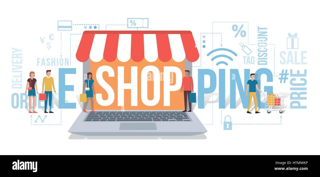 People entering a virtual shop holding shopping bags: e-shopping and e ...