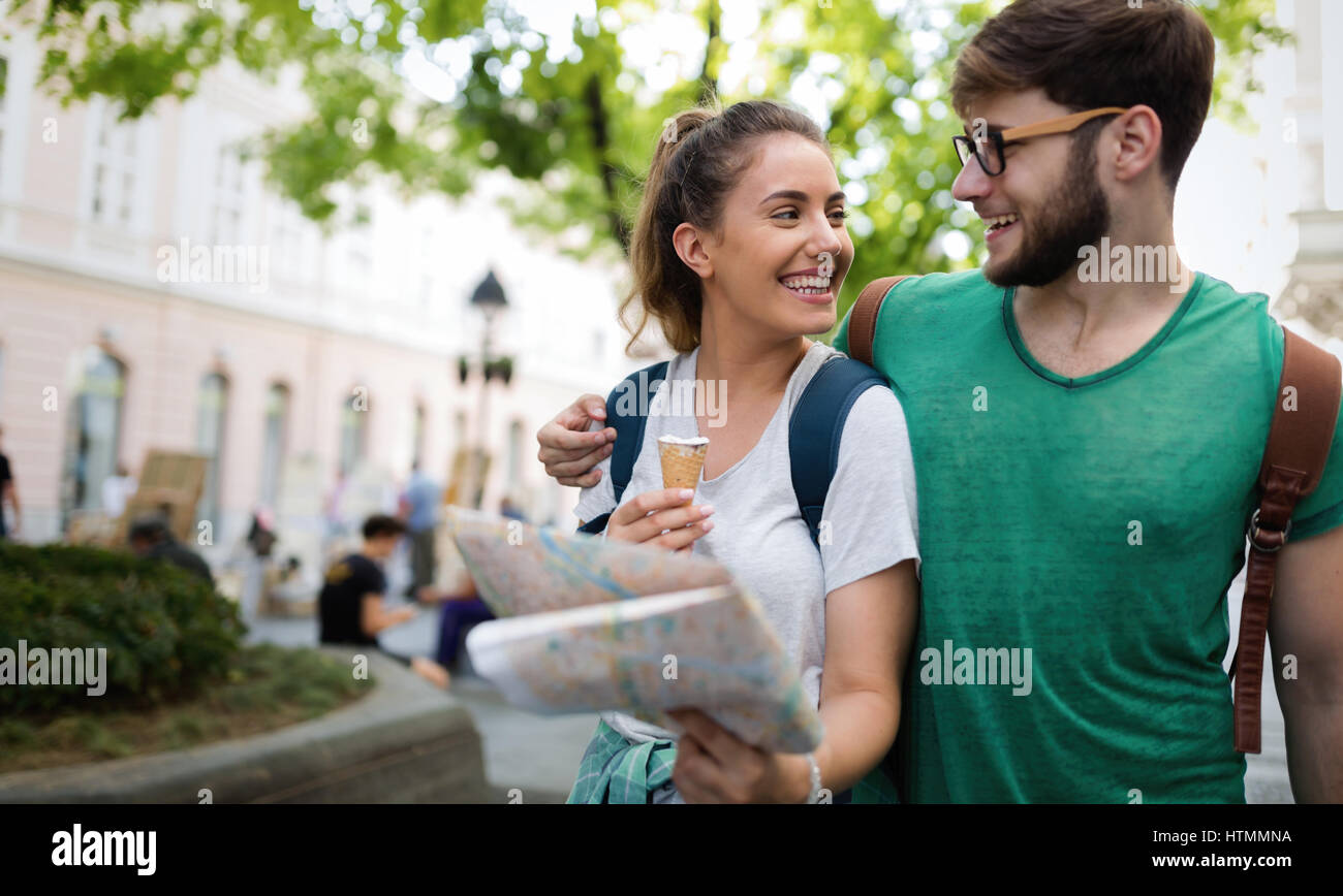 Happy group of tourists traveling and sightseeing together Stock Photo ...
