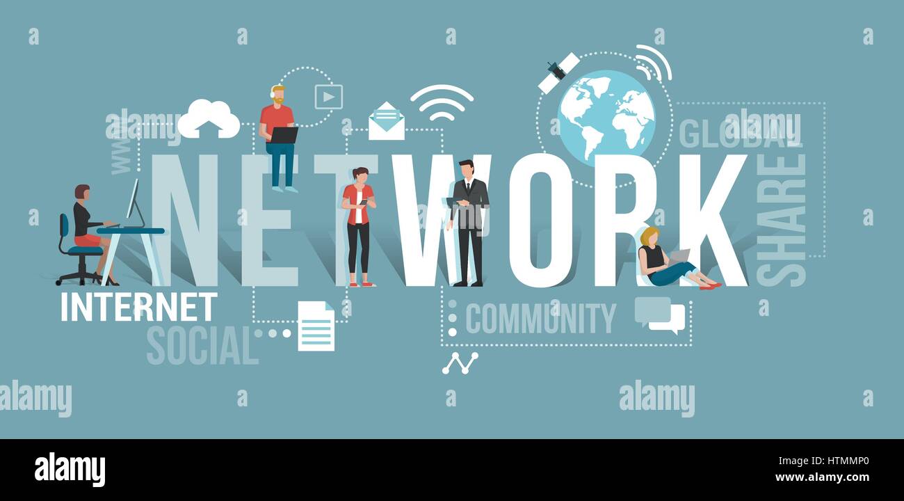 Business people and users connecting to the network using computers and ...