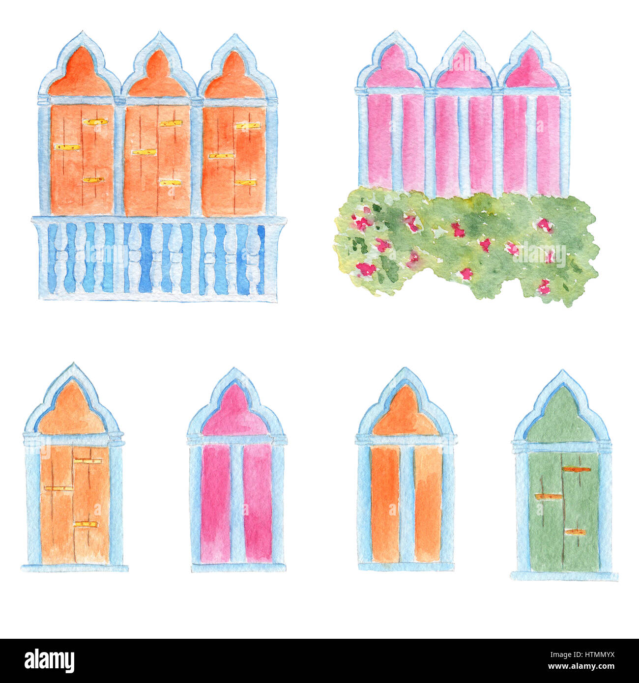 Watercolor hand drawn venetian style colored arched windows set Stock ...