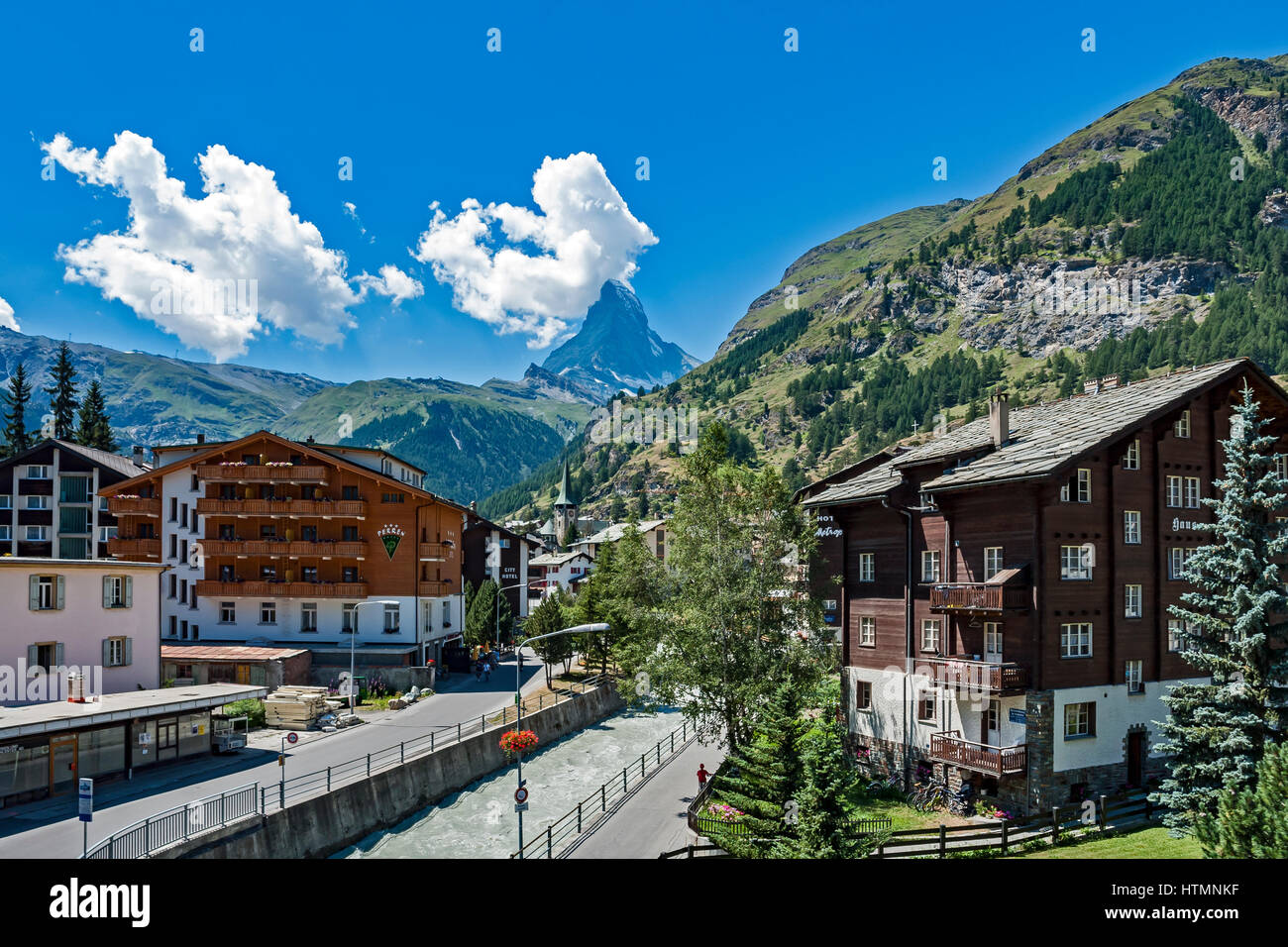 Matter Vispa river flows through Zermatt Switzerland with mountain ...