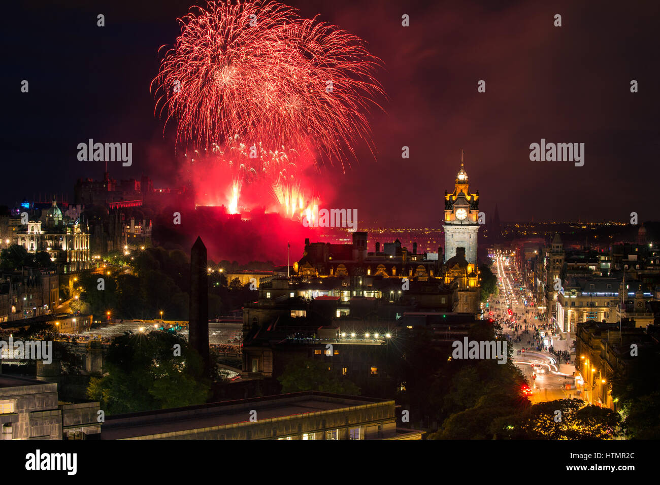 Edinburgh Cityscape with fireworks over The Castle and Balmoral Clock ...
