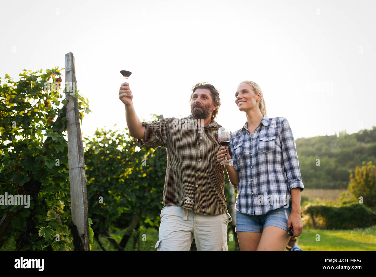 Happy people tasting wine in vineyard Stock Photo - Alamy