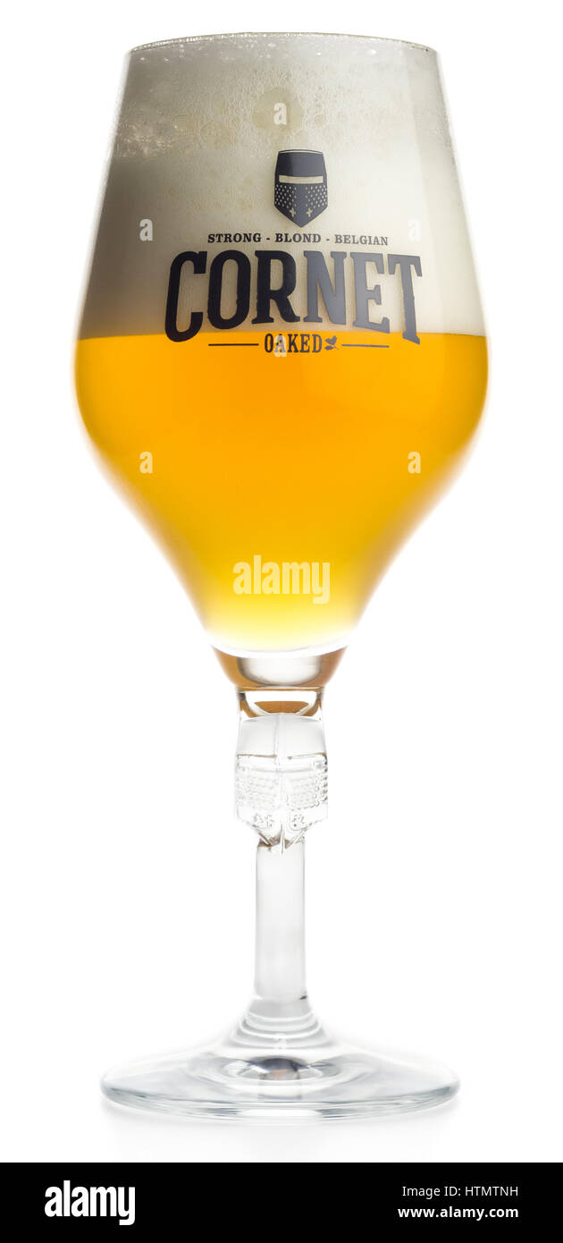 Glass of Belgian Cornet Oaked blond beer isolated on a white background ...
