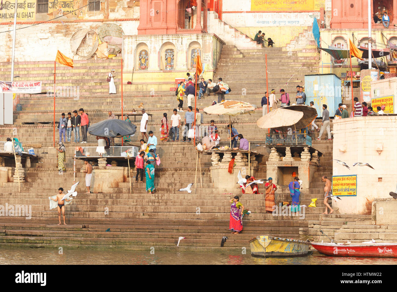 Pilgrims at the Ghats on the Ganges, Varanasi, Uttar Pradesh, India ...