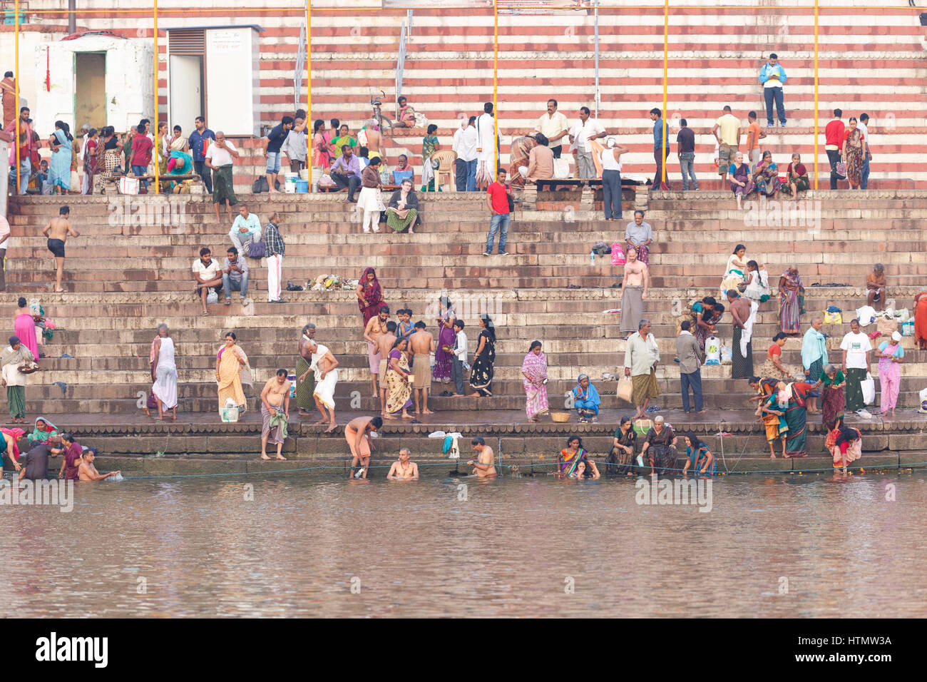 Pilgrims at the Ghats on the Ganges, Varanasi, Uttar Pradesh, India ...