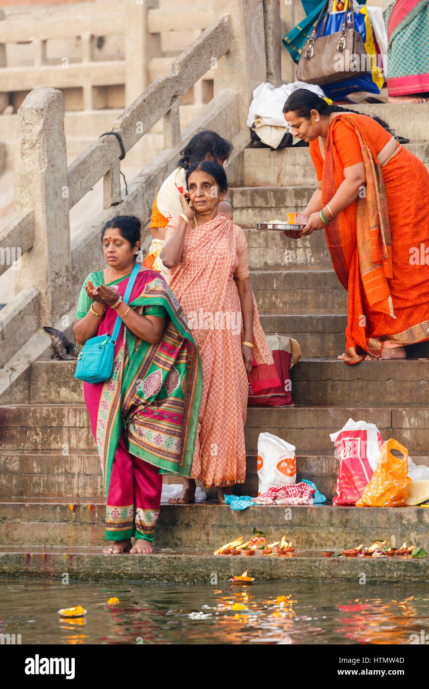 Pilgrims at the Ghats on the Ganges, Varanasi, Uttar Pradesh, India ...