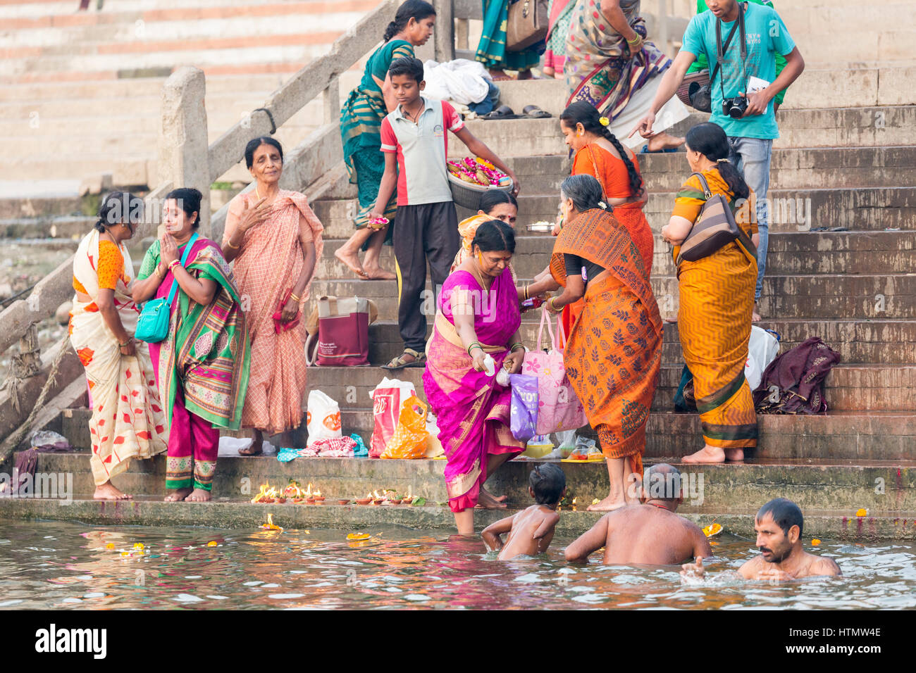 Pilgrims at the Ghats on the Ganges, Varanasi, Uttar Pradesh, India ...
