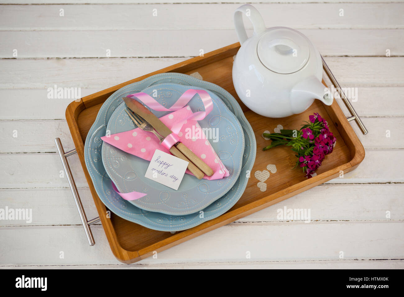 Happy mothers day card with teapot and flowers on wooden tray Stock ...