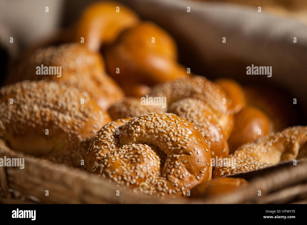 Close-up of baked sweet foods in wicker basket Stock Photo - Alamy