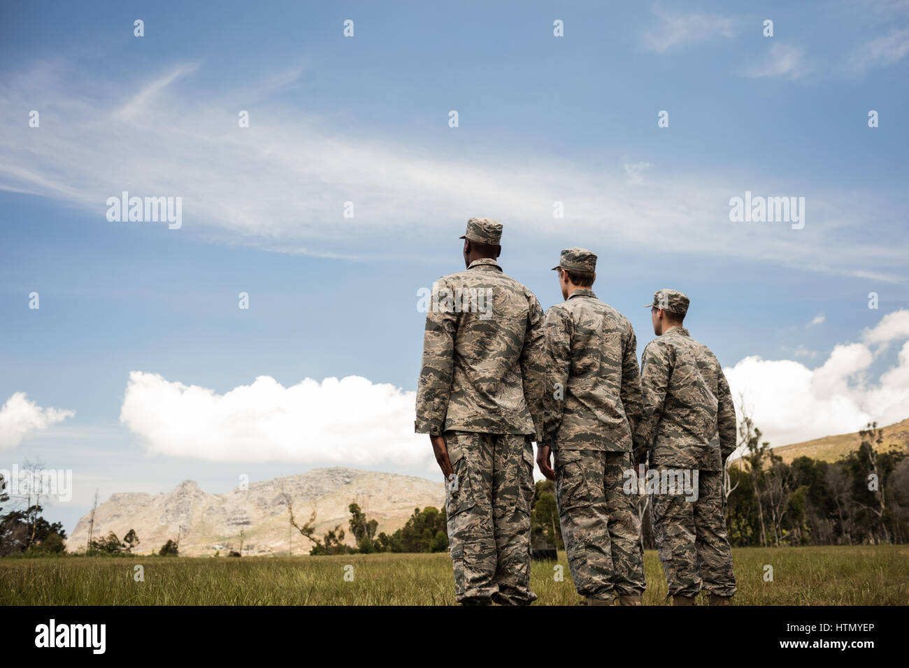 Group of military soldiers standing in line at boot camp Stock Photo ...