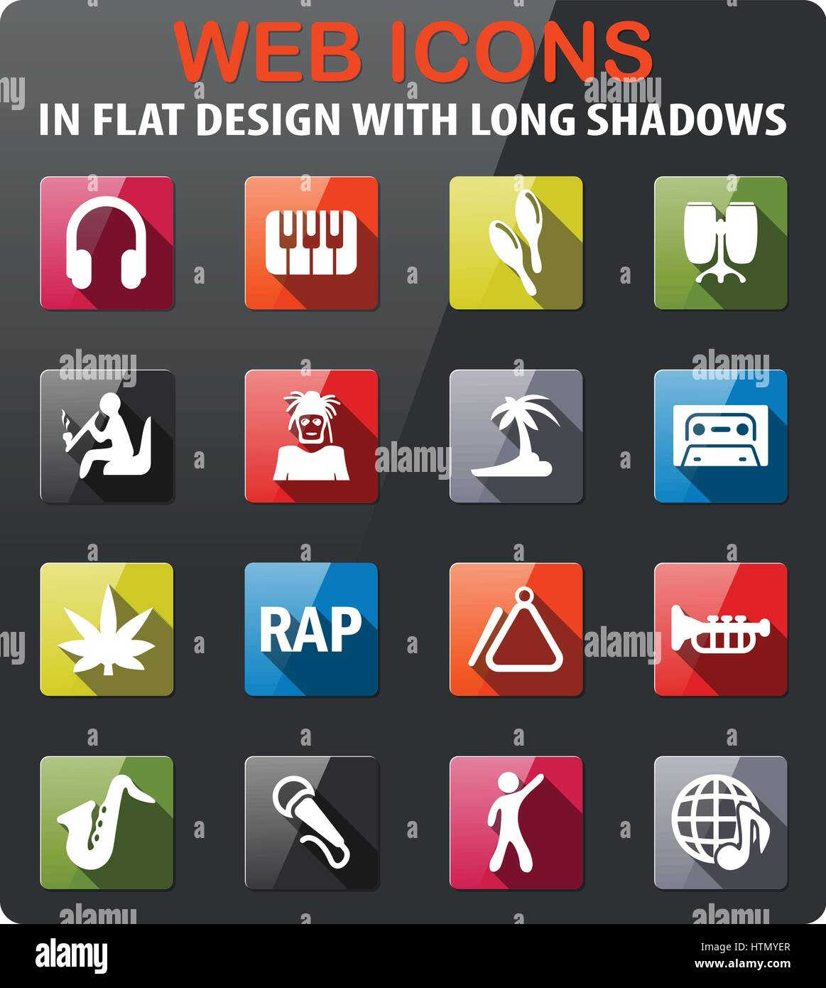 music icons set in flat design with long shadow Stock Vector Image ...