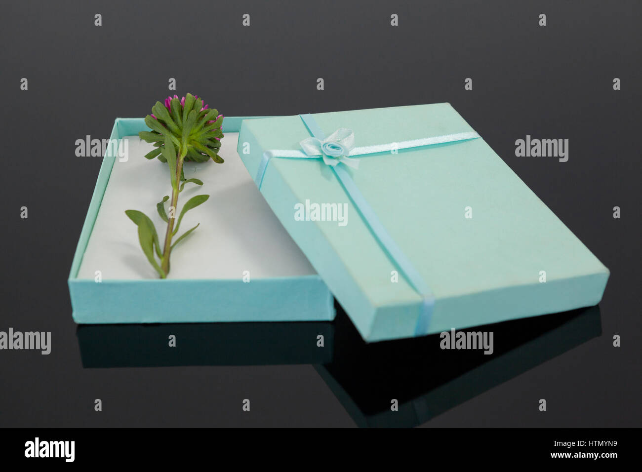 Opened gift box with a flower on black background Stock Photo - Alamy