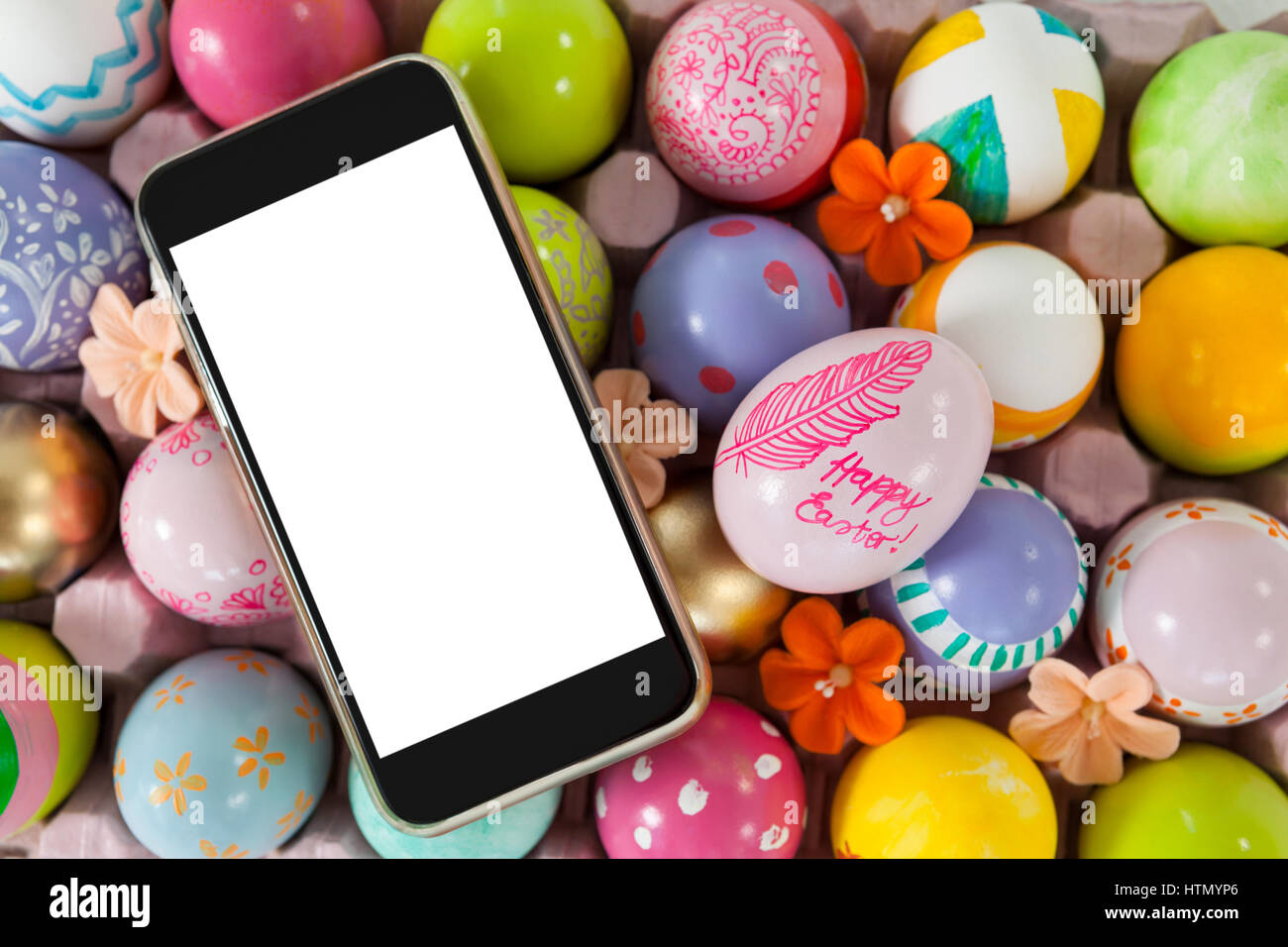 Mobile phone on painted colorful easter eggs Stock Photo - Alamy