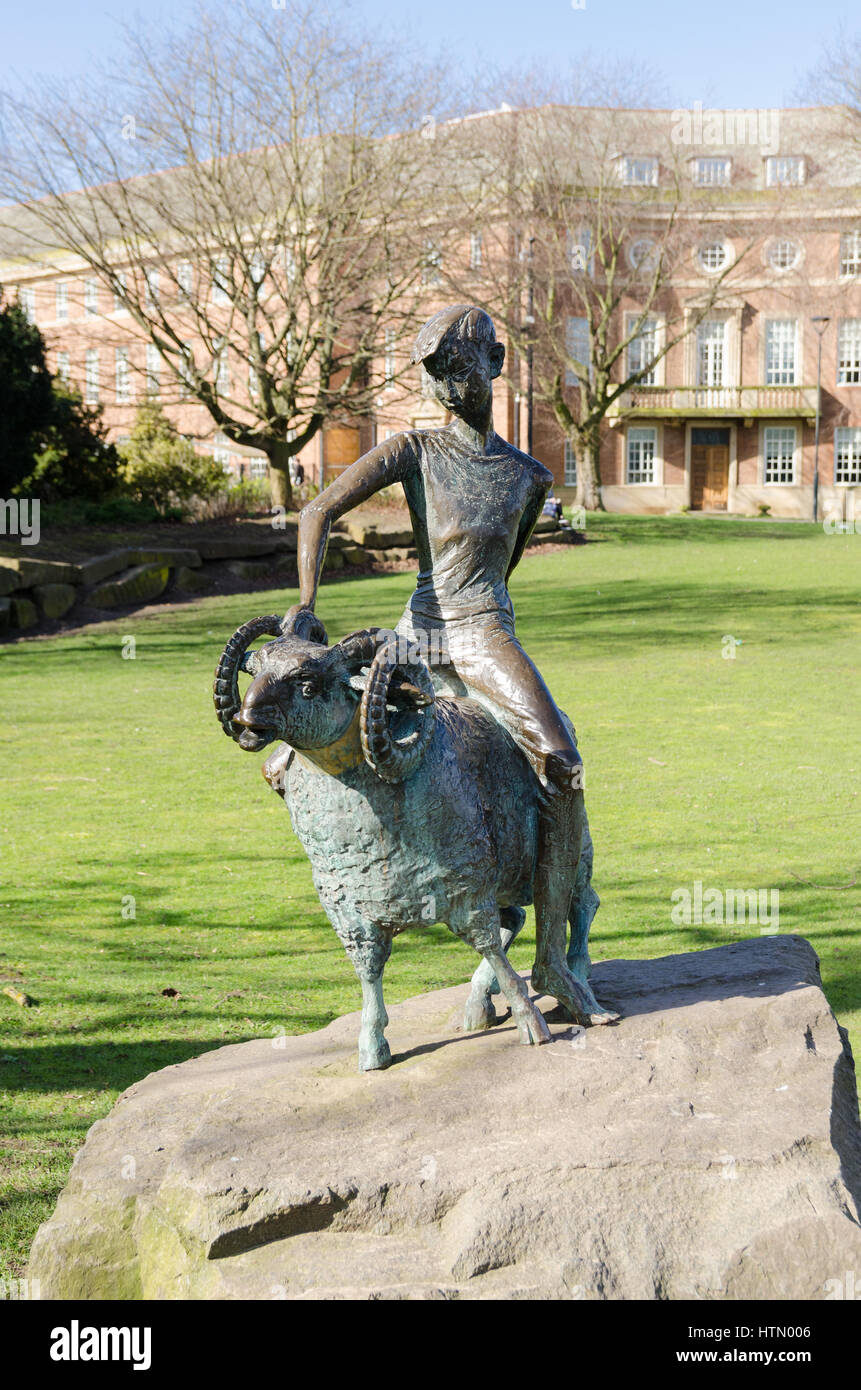 Sculpture of Derby Ram and boy in Derby Riverside Gardens, Derby Stock ...
