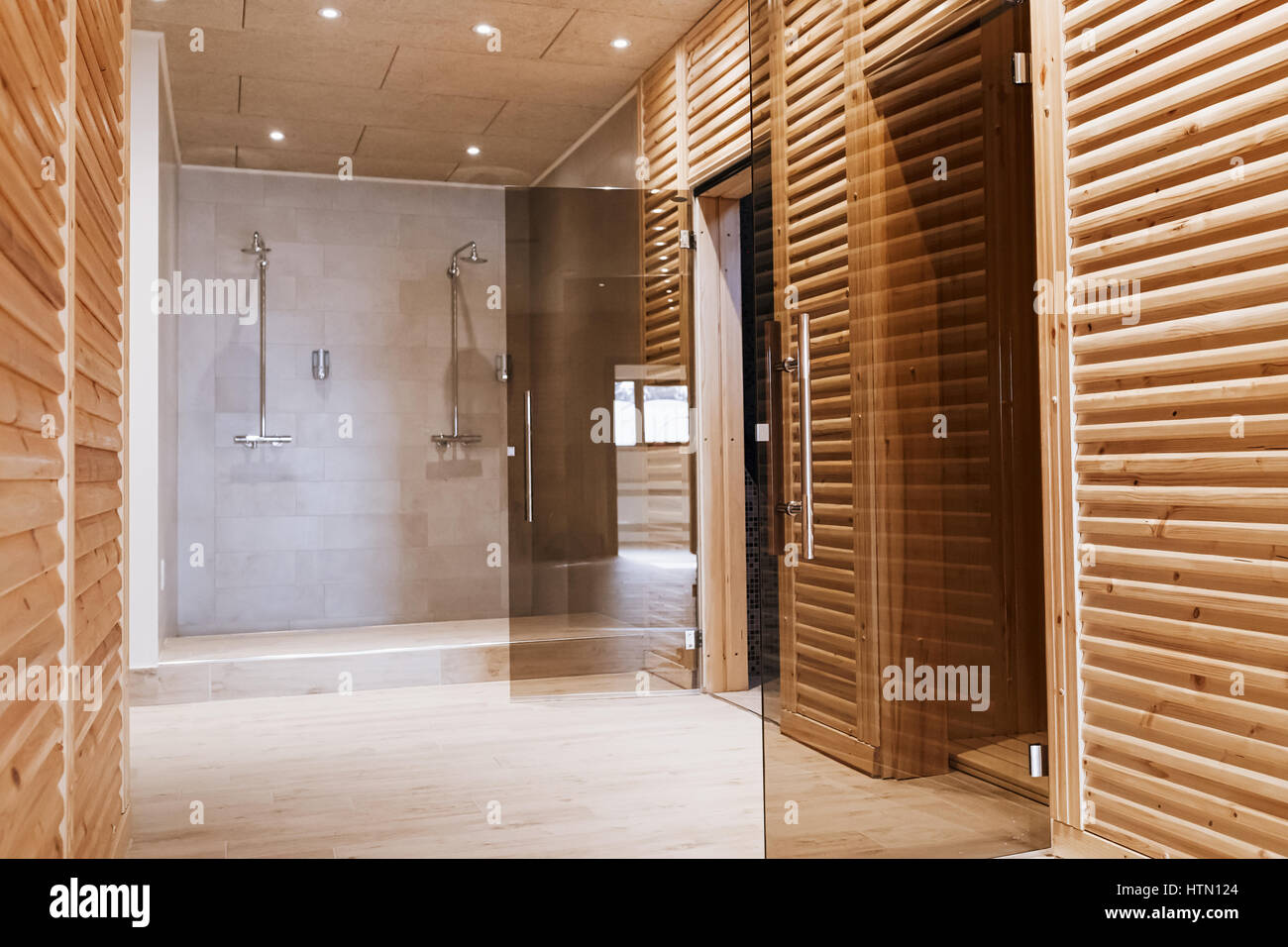Beautiful spa resort hallway with saunas and shower Stock Photo - Alamy