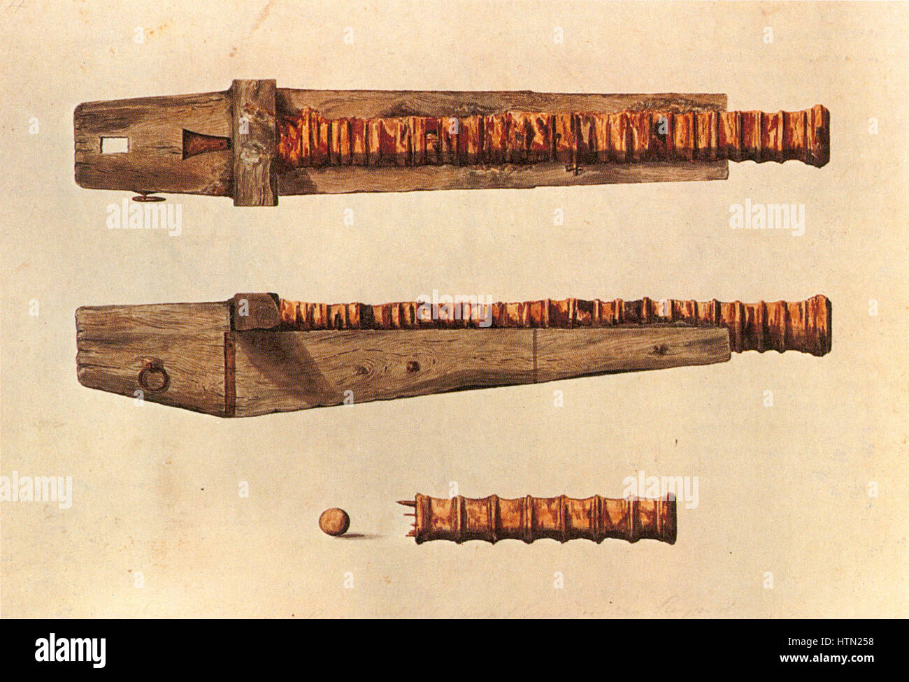 The watercolor painting of the Mary Rose iron gun depicts a historic ...