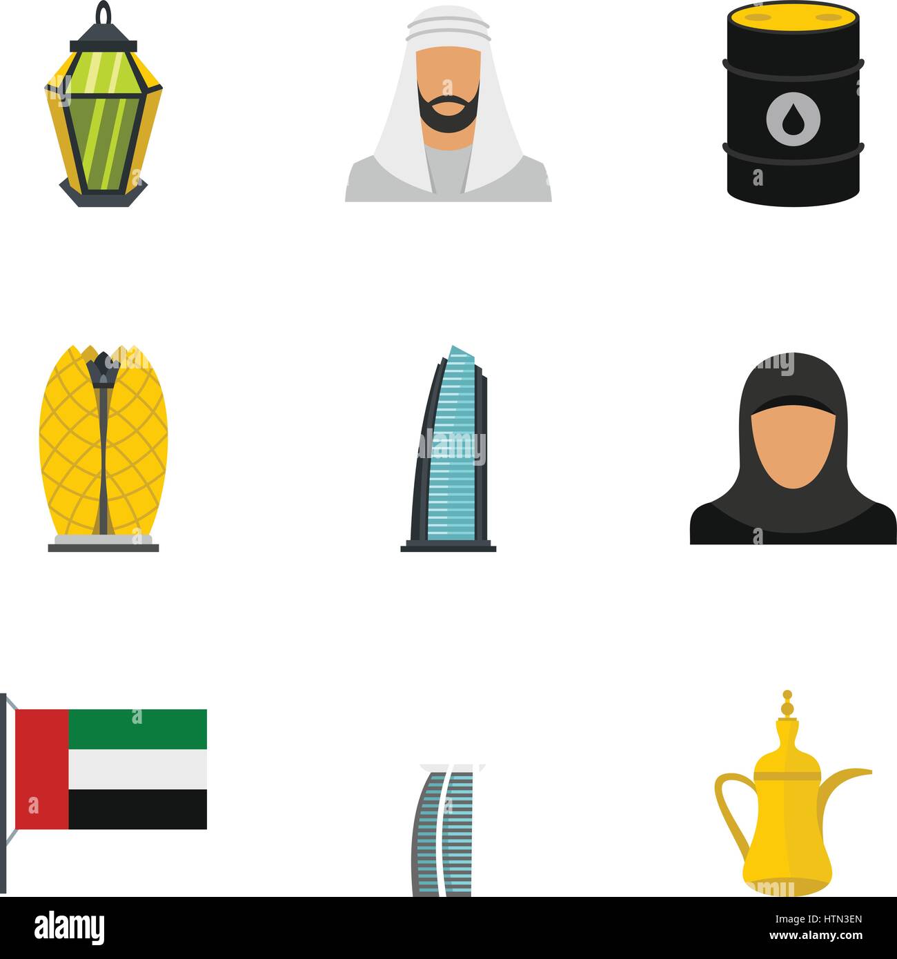 Culture features of UAE icons set. Flat illustration of 9 culture ...
