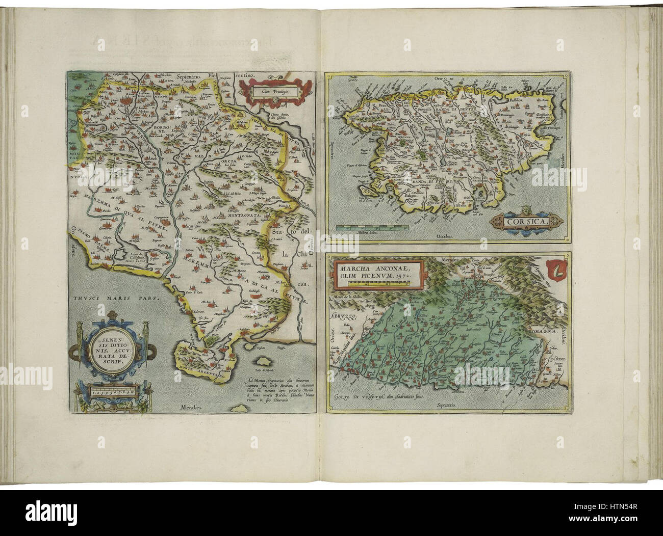 Abraham Ortelius’ maps depict the regions of Siena, Corsica, and Ancona ...