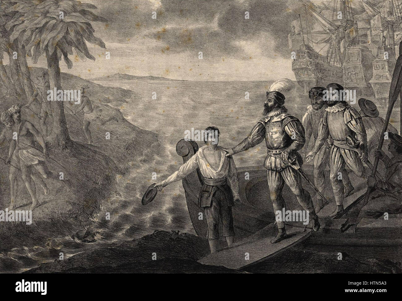 This image depicts the moment of discovery by Portuguese navigator ...