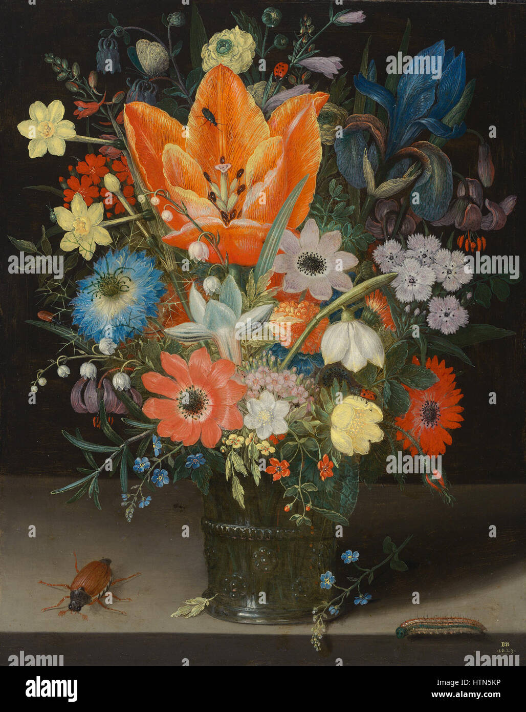 This still life painting features an arrangement of irises ...