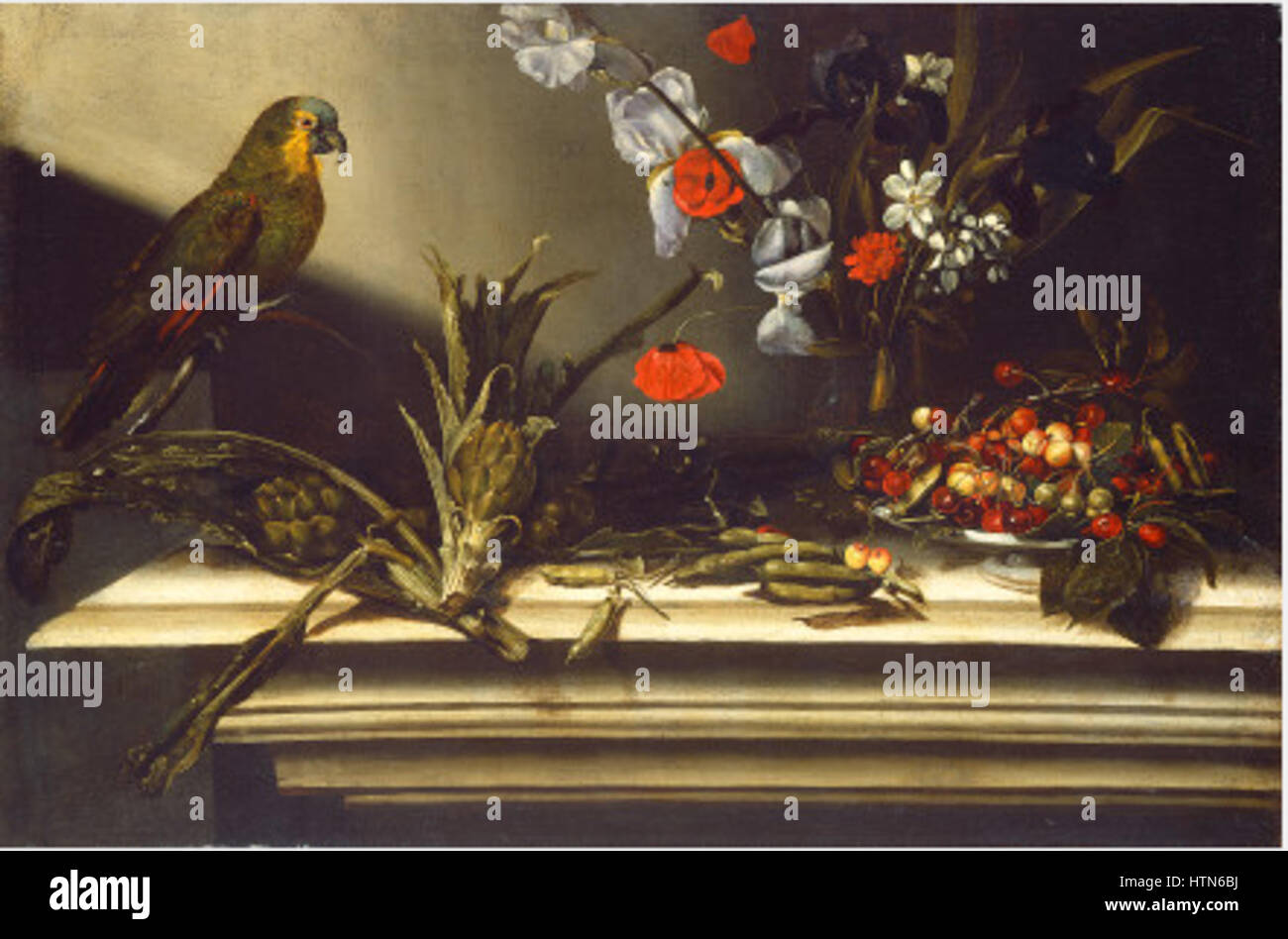 Still life with artichokes and a parrot Stock Photo - Alamy