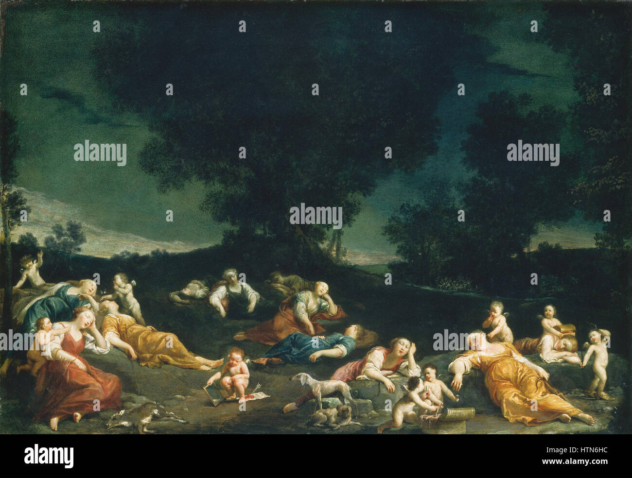 'Cupids Disarming Sleeping Nymphs' is a classical painting showing ...
