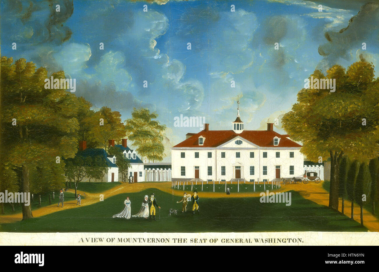 This landscape painting offers a view of Mount Vernon, the estate of ...