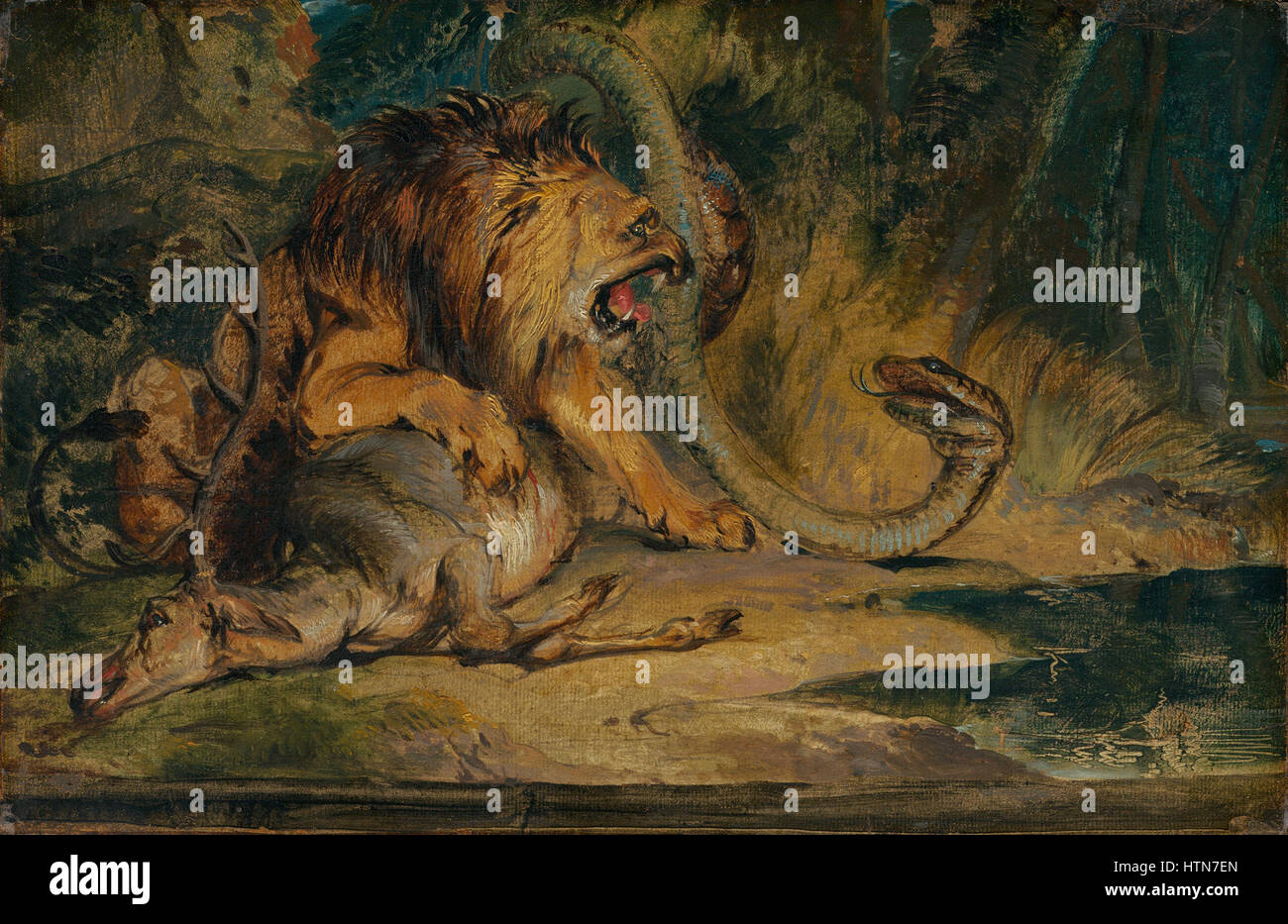 This dramatic depiction of a lion defending its prey illustrates the ...