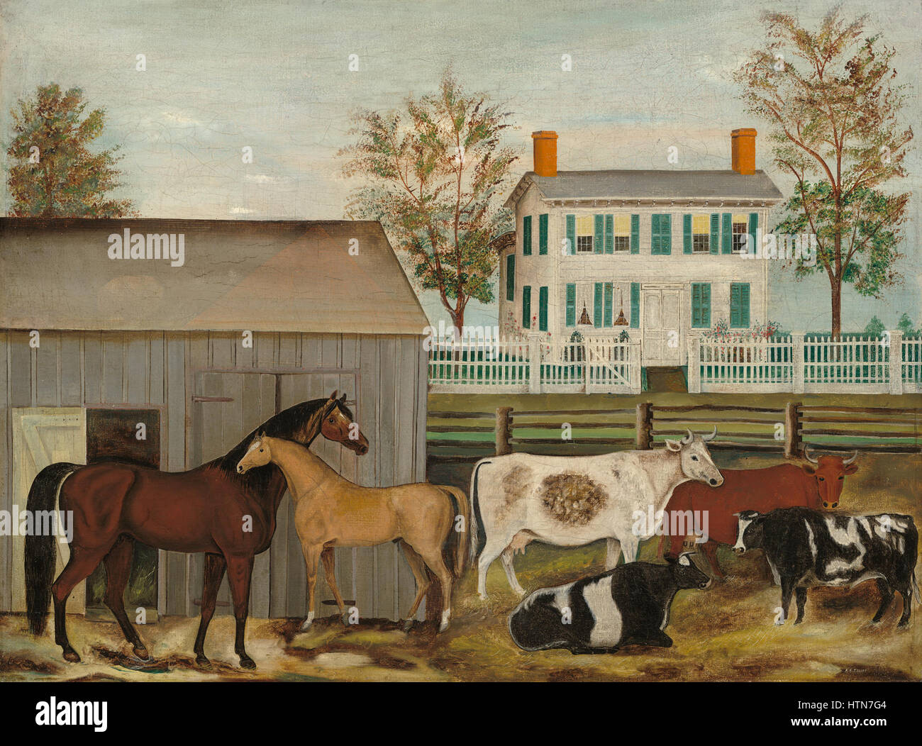 'The Barnyard A28' depicts a rustic rural scene, likely showing farm ...