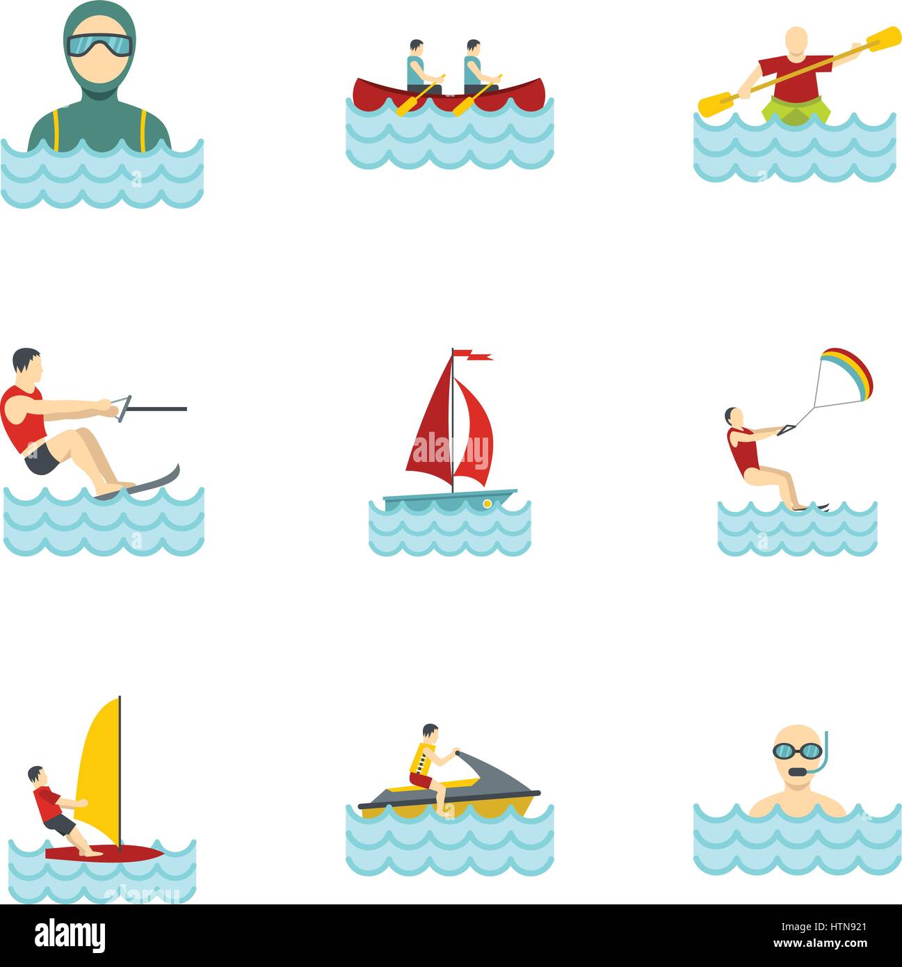 Water sports icons set. Flat illustration of 9 water sports vector ...