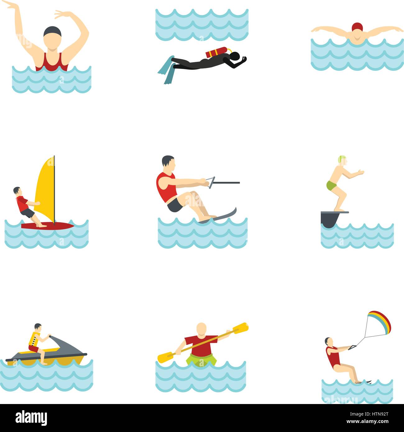 Water activities icons set. Flat illustration of 9 water activities ...