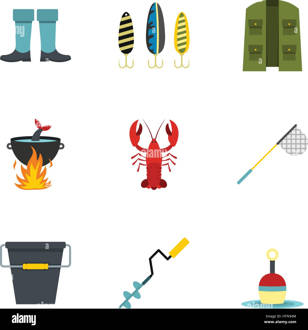 Fishing elements icons set. Flat illustration of 9 fishing elements ...