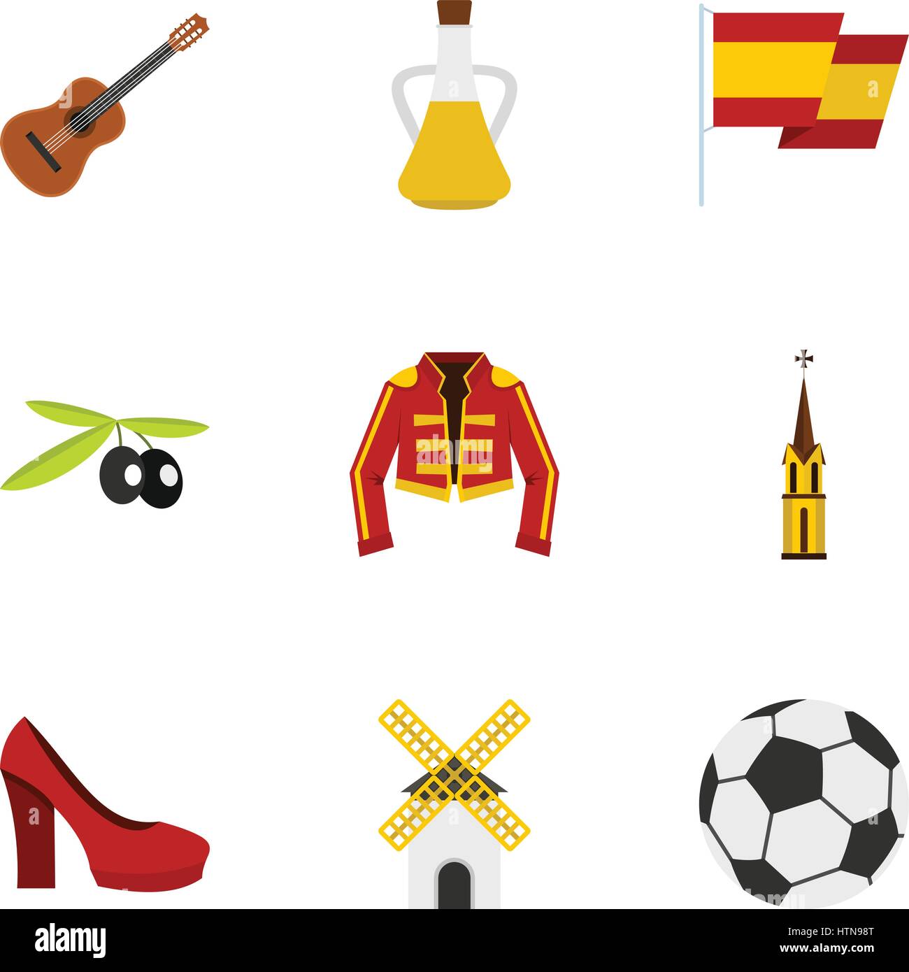 Spanish culture symbols icons set. Flat illustration of 9 Spanish ...