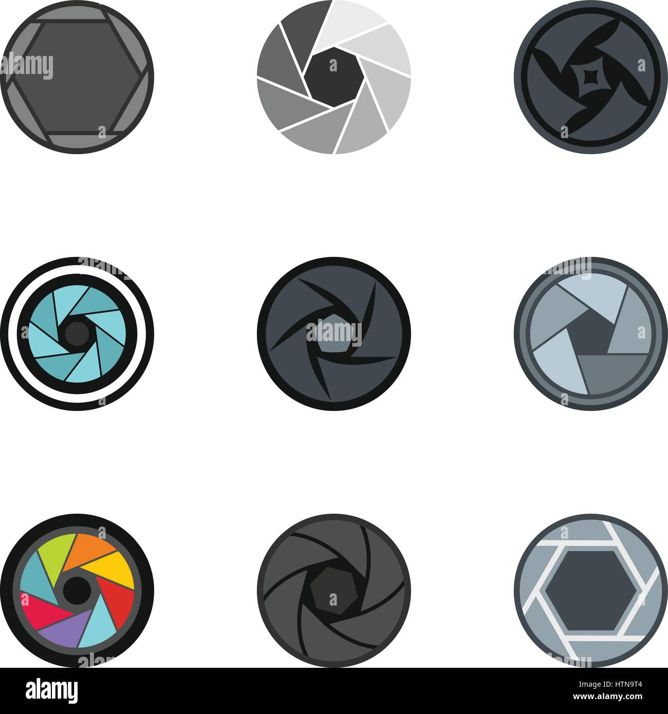 Camera lens aperture icons set. Flat illustration of 9 camera lens ...
