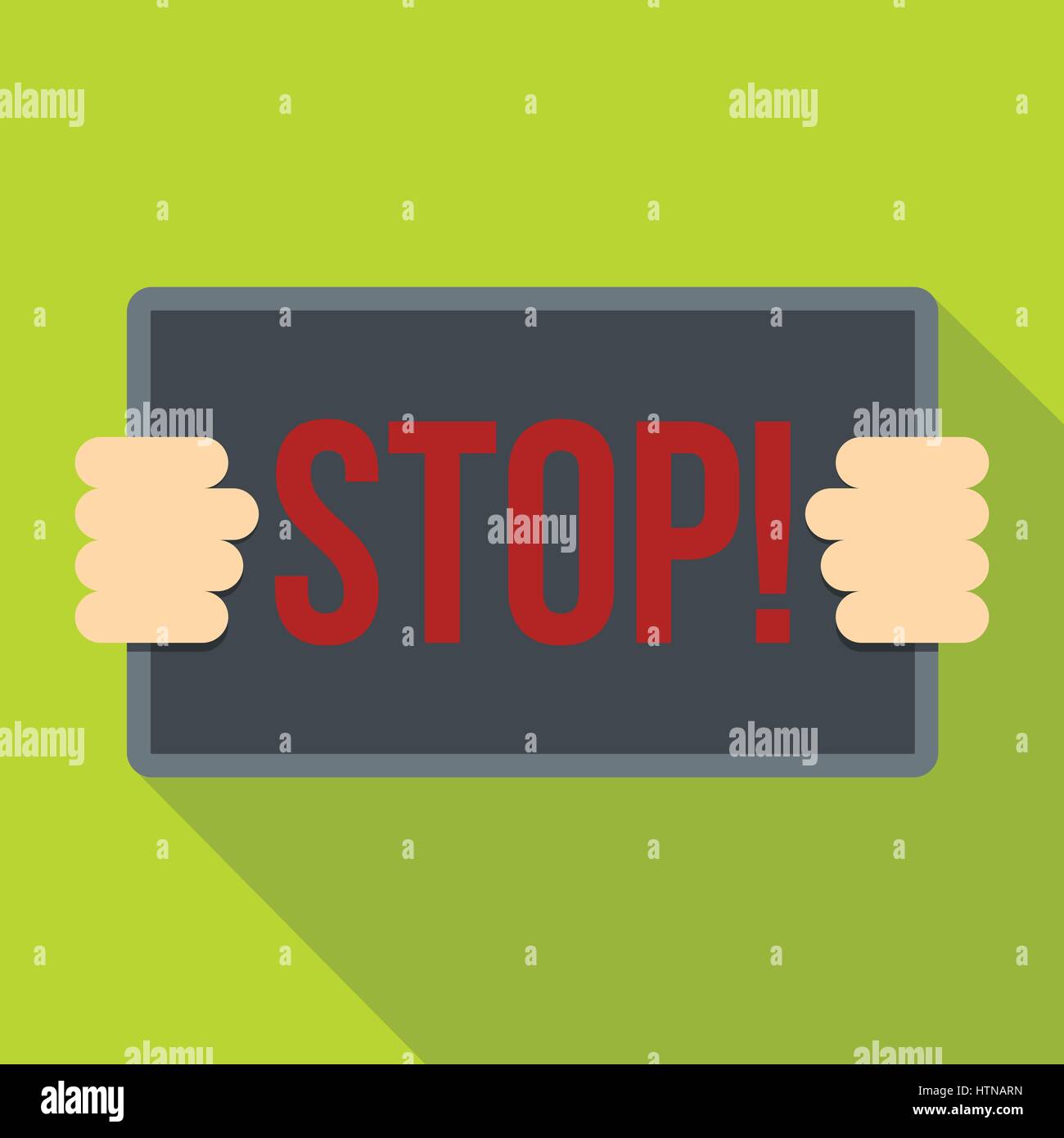 Hands holding stop placard icon. Flat illustration of hands holding ...