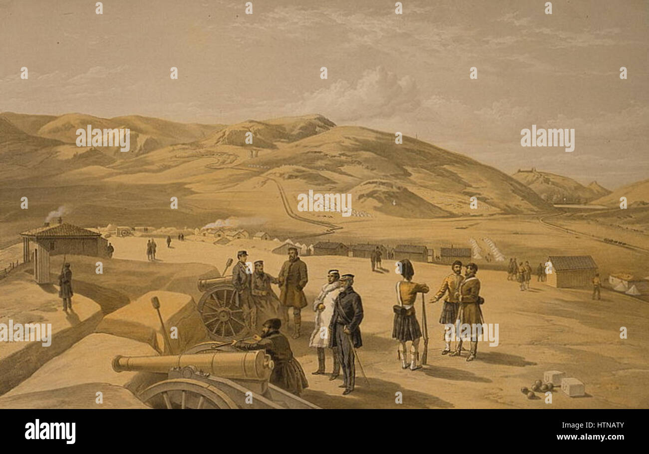 The painting 'Highland Brigade camp, looking south' depicts a military ...
