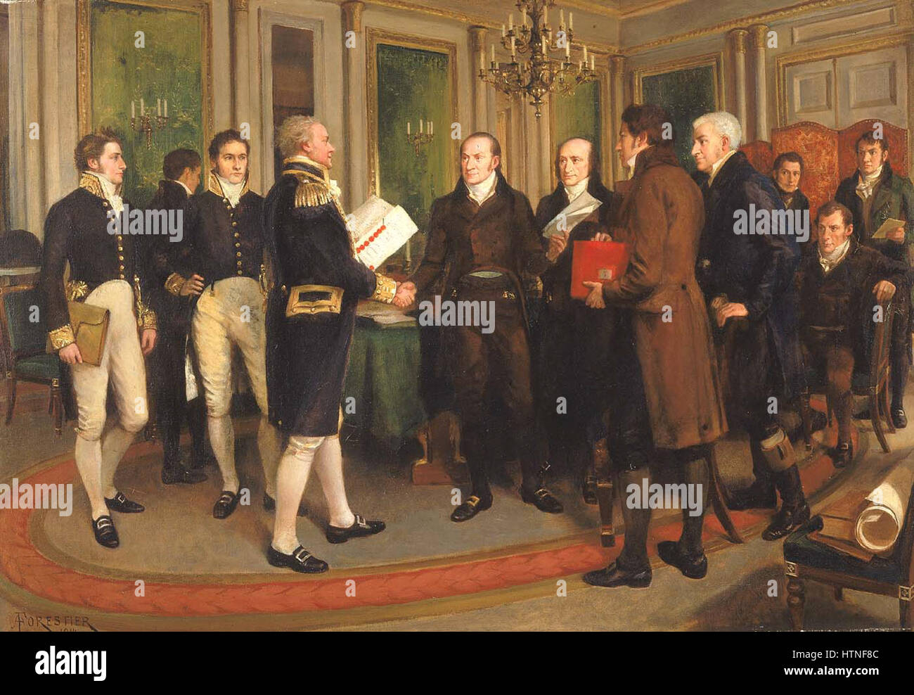 The painting 'Signing of the Treaty of Ghent' depicts the historic ...