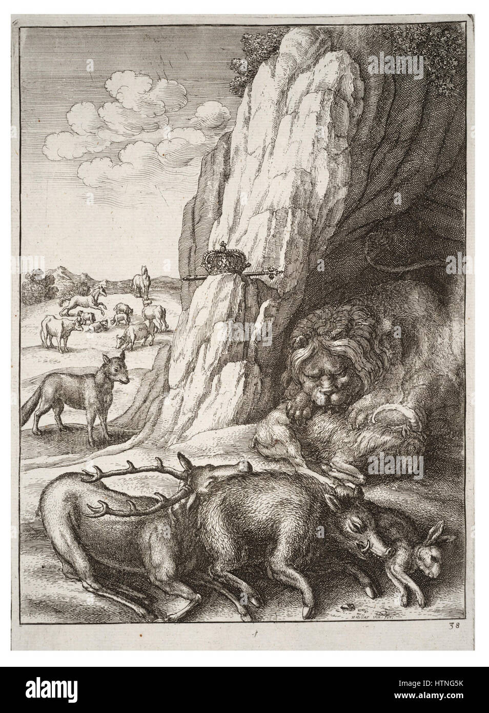 Wenceslas Hollar’s *The Sick Lion* is an engraving depicting a lion ...
