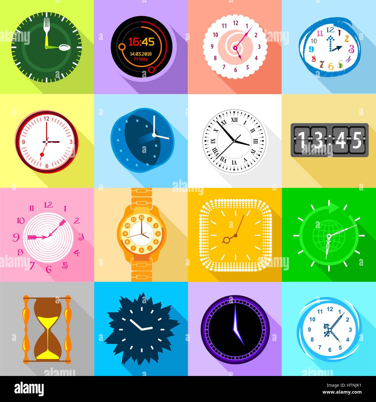 Clocks icons set colorful. Flat illustration of 16 clocks icons set ...