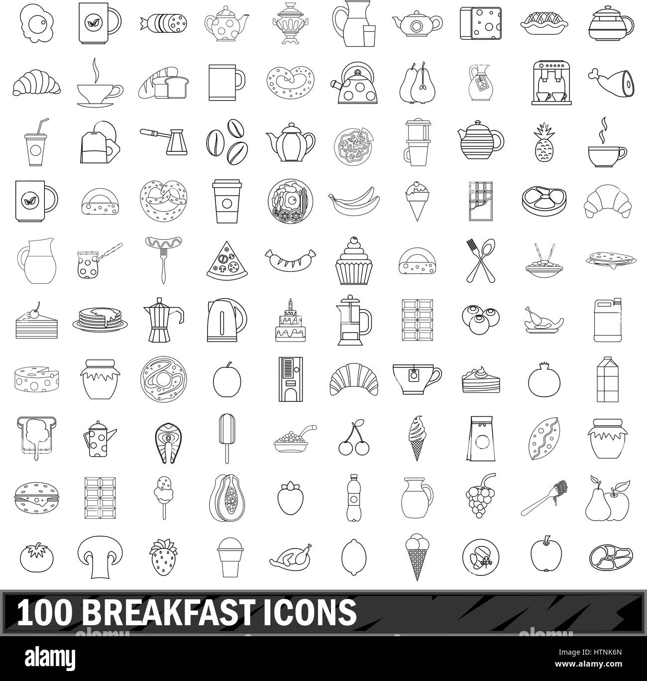 100 breakfast icons set in outline style for any design vector ...