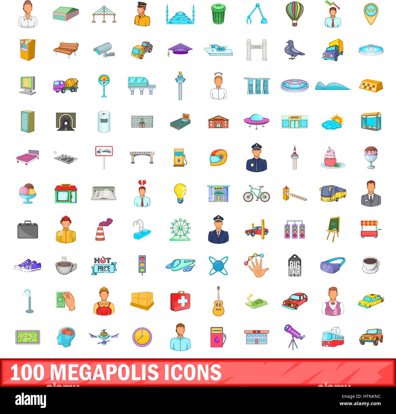 100 megapolis icons set in cartoon style for any design vector ...